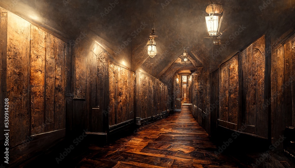 victorian mansion hallway with cozy lights and lamps and wooden ...