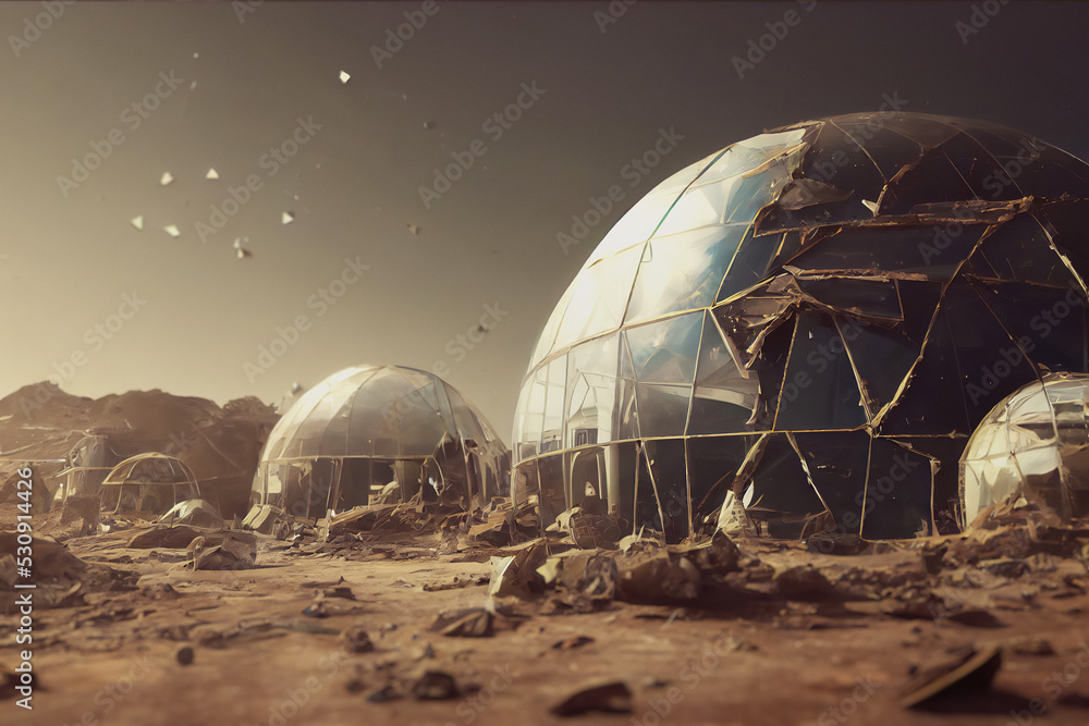 Shattered glass domes in a destroyed Mars colony. Martian greenhouse ...