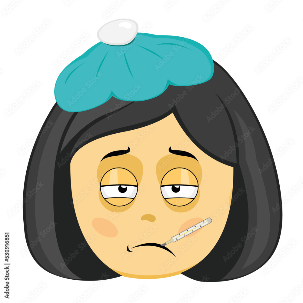 Vector illustration of the face of a sick woman emoji, with a ...