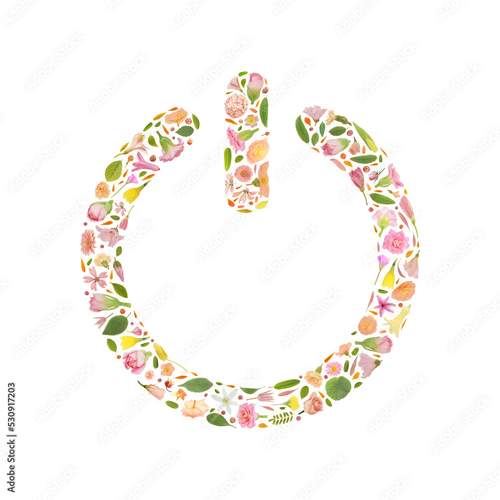 Floral power symbol made of beautiful flowers isolated on white ...
