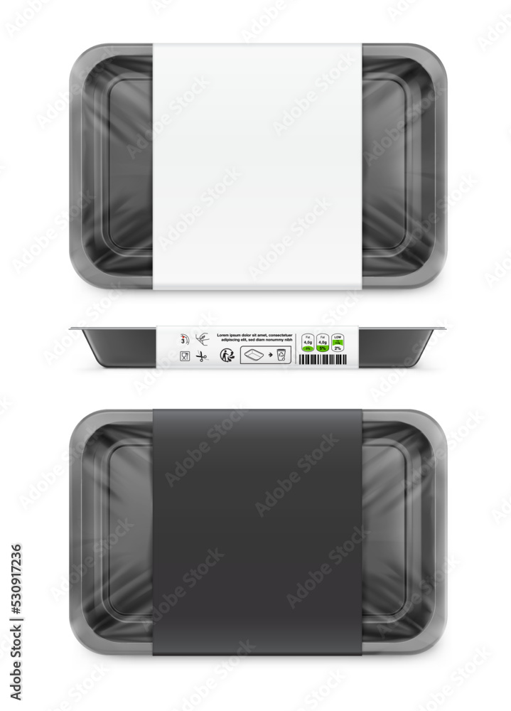 Horizontal black tray container mockup with cardboard wrappers. Vector ...