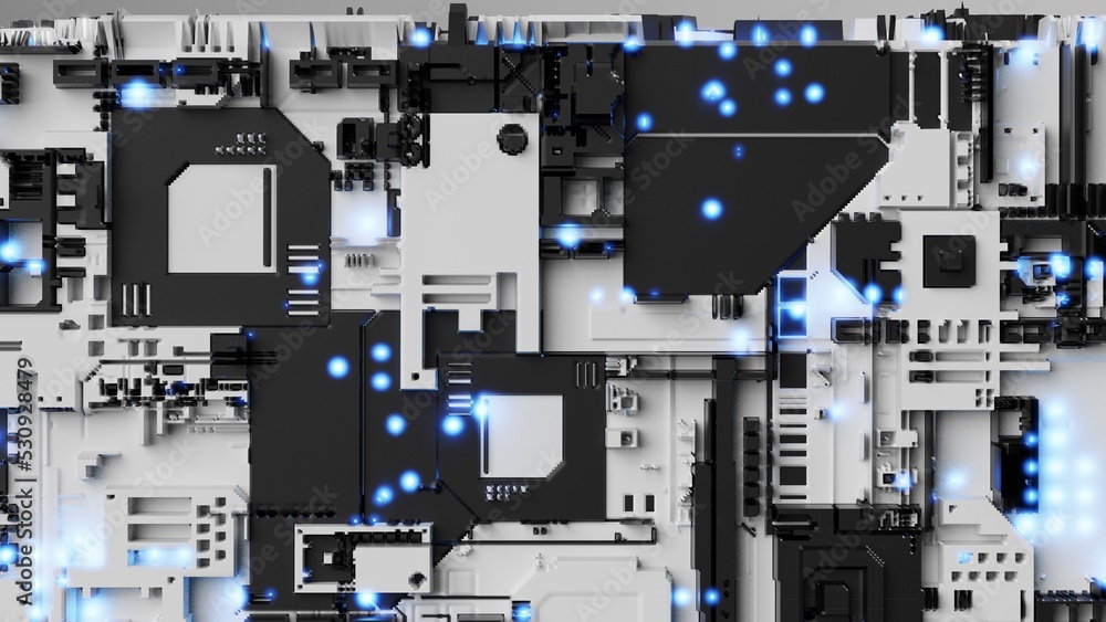 Black-white futuristic circuit technology with blue LED point light ...