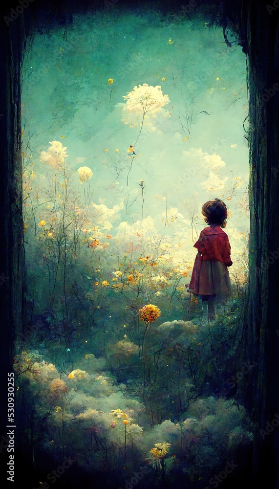 Dream of a young child with clouds, balloons and flowers in a fairy ...