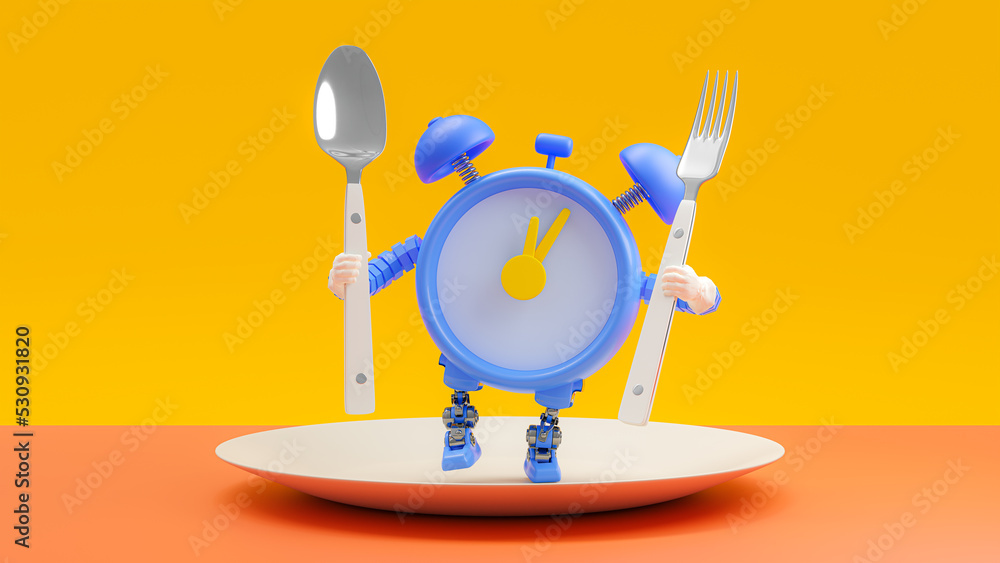 Blue alarm clock robot holding spoon and fork standing on cream color ...