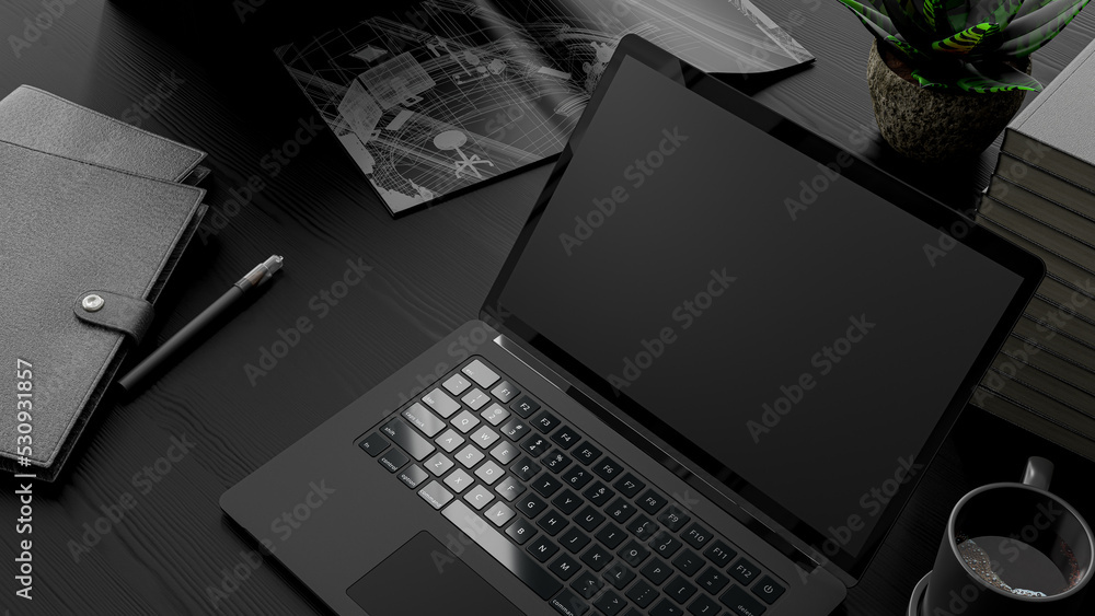 Laptop Mock-Up black color on work desk with notebook and cup coffee ...