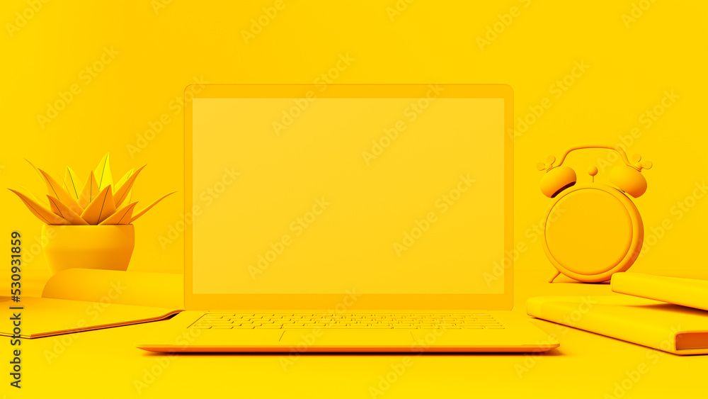 Yellow laptop Mock-Up empty display is placed on the desk. Minimal idea ...