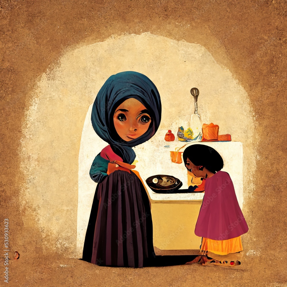 Muslim girl helping mum cook traditional arabic and Middle Eastern food ...