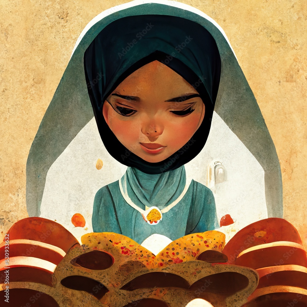 Muslim girl helping mum cook traditional arabic and Middle Eastern food ...
