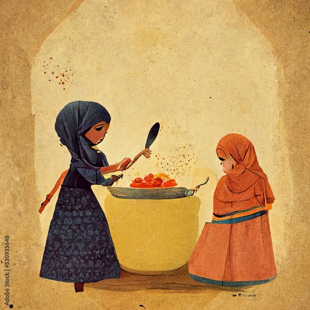 Muslim girl helping mum cook traditional arabic and Middle Eastern food ...