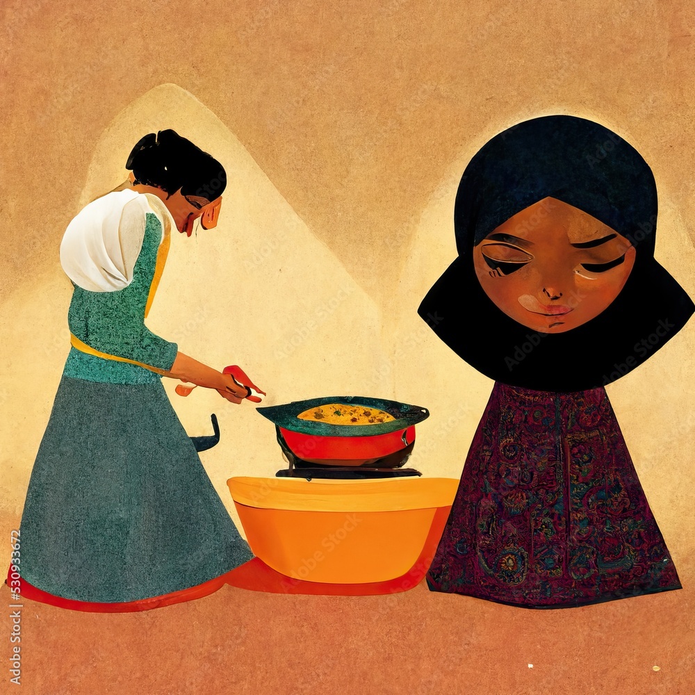 Muslim girl helping mum cook traditional arabic and Middle Eastern food ...