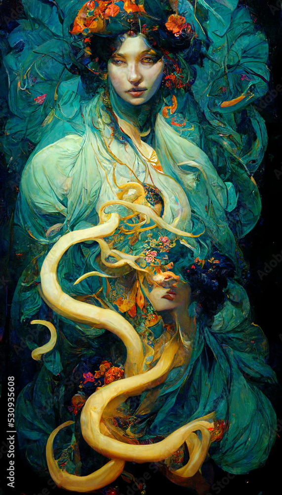 Abstract painting of a beautiful goddess with golden snake like wisps ...