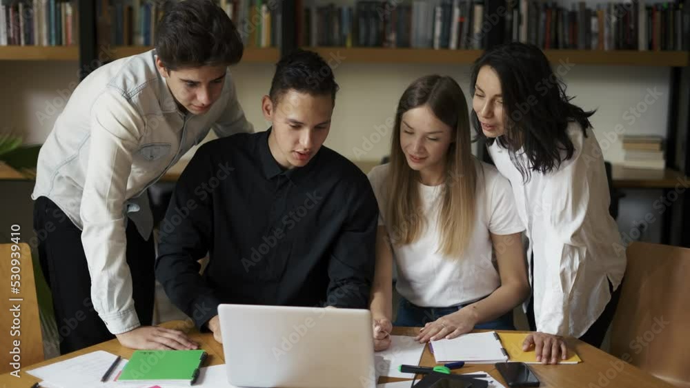 College university students group study together prepare project make ...