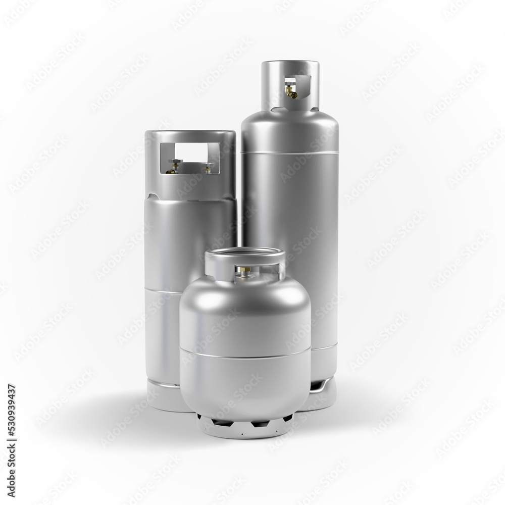 Três botijões de gás alinhados. Botijão de gás P13, Botijão de gás P20 ...