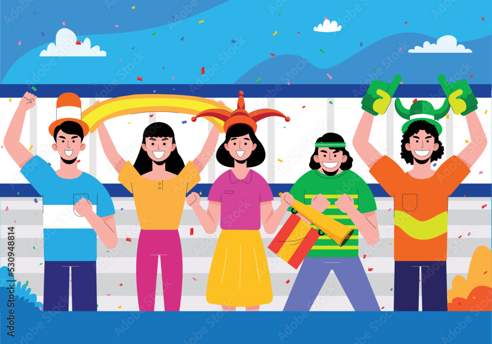 Happy fans are cheering for their team. A group of people supports ...