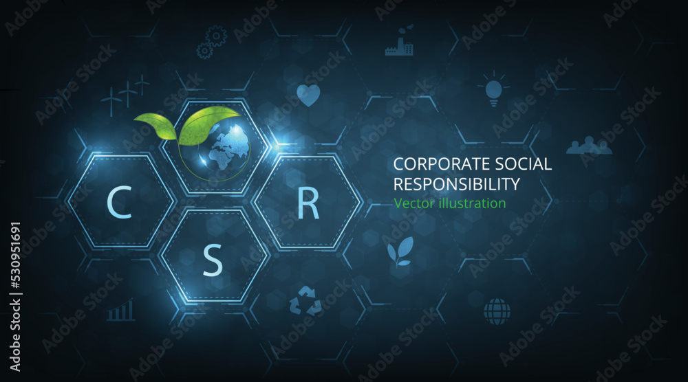 Concept of CSR on dark blue background.Corporate social responsibility ...