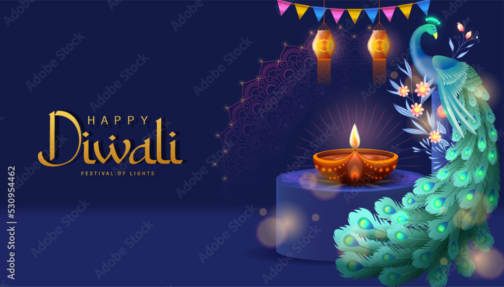 Happy Diwali Poster with Diya Lamp and Peacock Vector Illustration ...