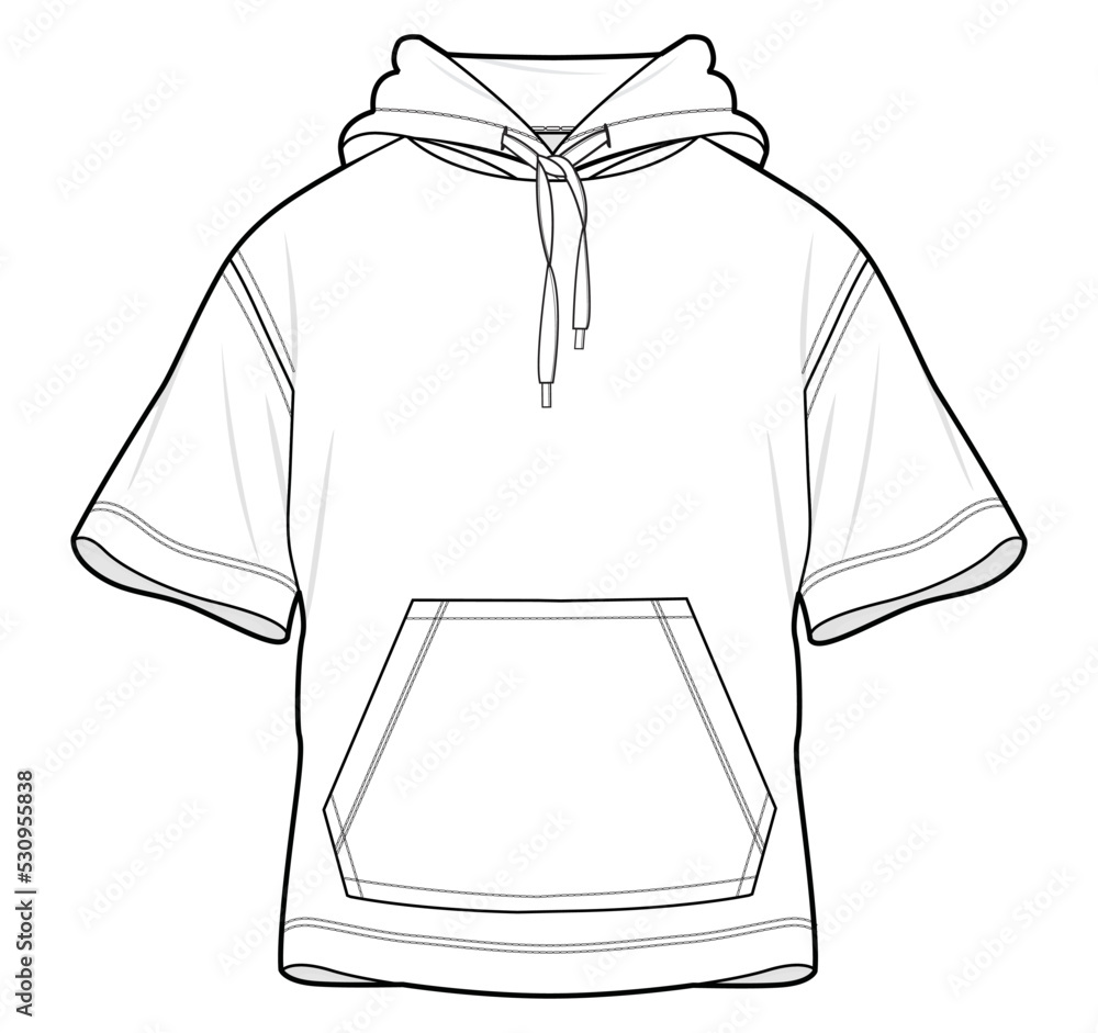unisex short sleeve hoodie with pockets fashion flat sketch vector ...