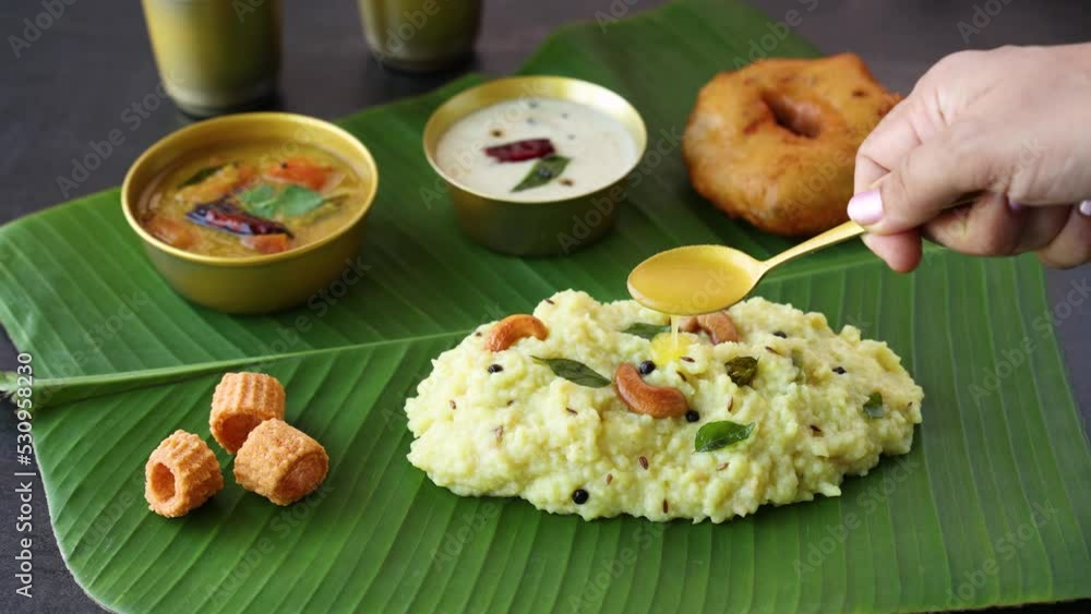 Ven Pongal Khara Pongal Sambar coconut chutney woman hand serving ...