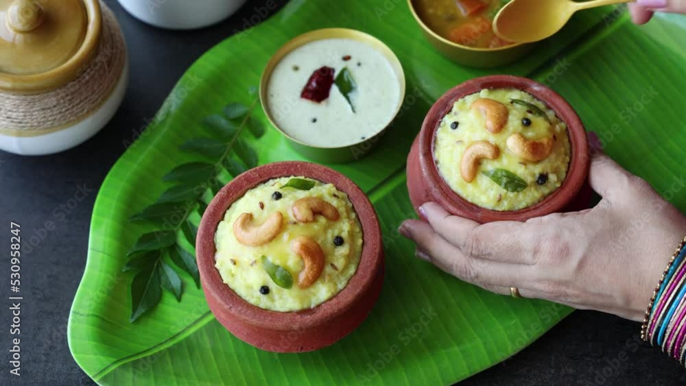 Ven Pongal Khara Pongal Sambar coconut chutney woman hand serving ...