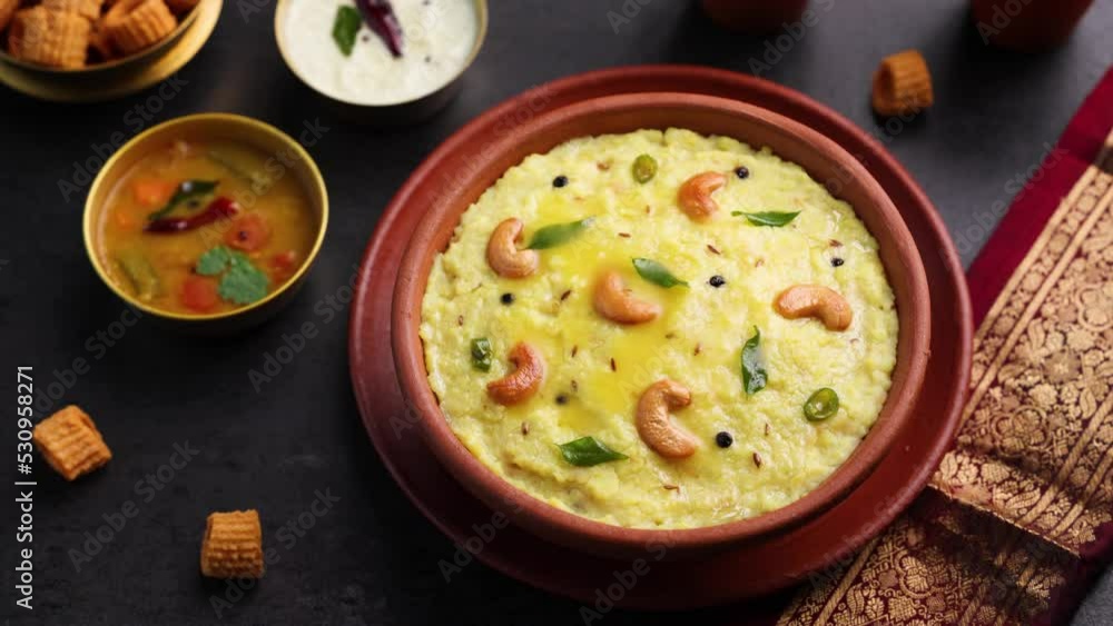 Ven Pongal Khara Pongal Sambar coconut chutney woman hand serving ...