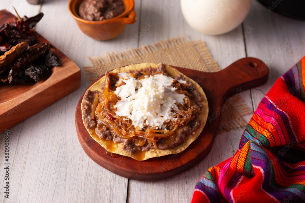 Tostada de Tinga de Res. Typical Mexican dish prepared mainly with ...