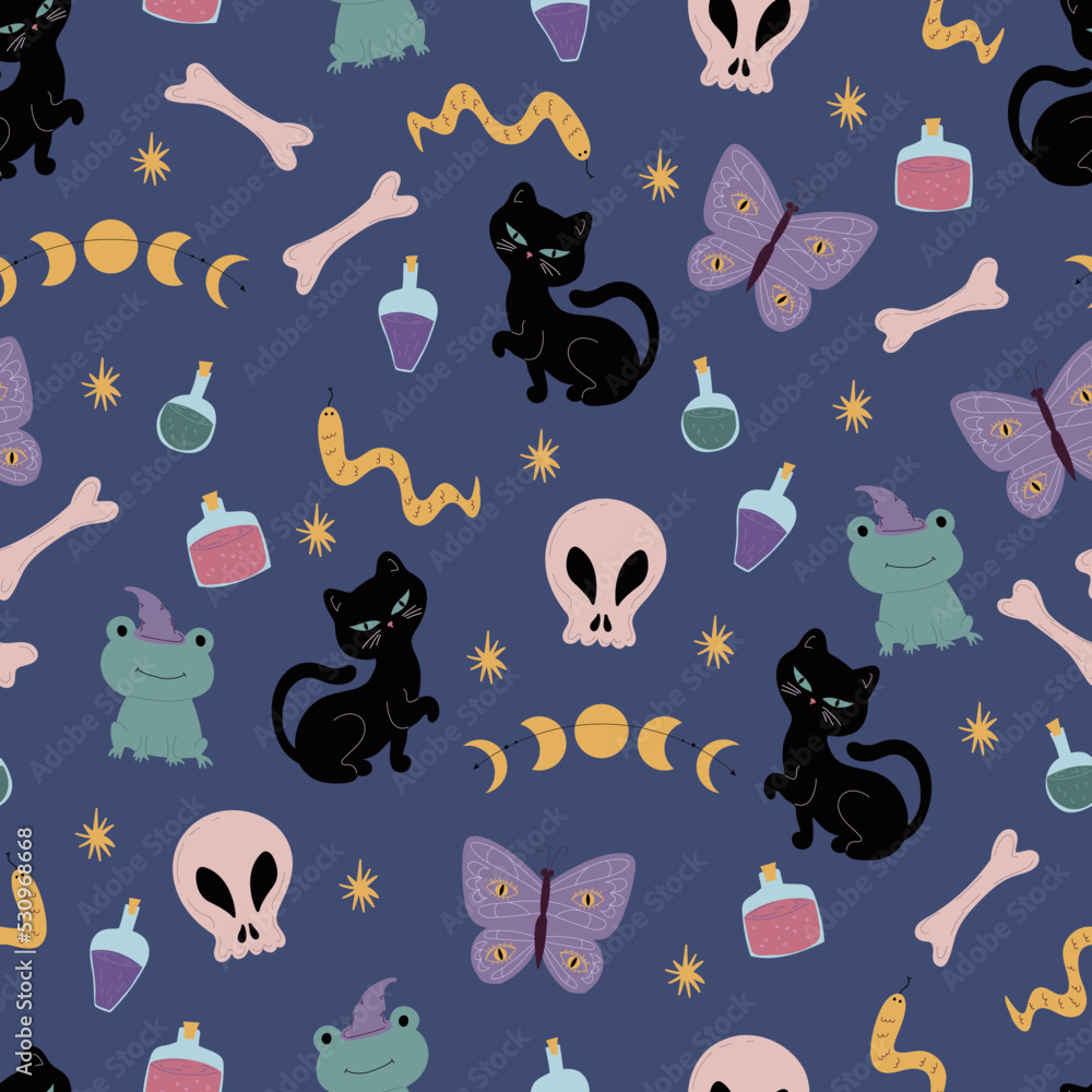 Seamless magical pattern on a dark background. Magic and witch concept ...