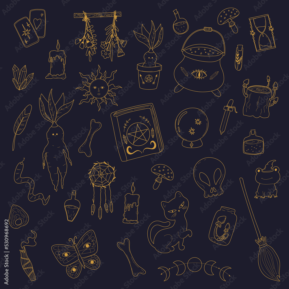 Vector illustration of doodle witch inventory set.Doodle magic and ...