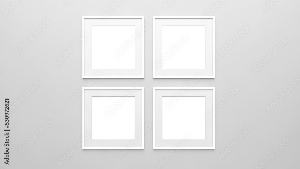 Four empty frames collage mockup on the wall. White picture frames ...