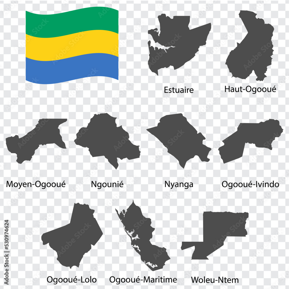 Nine Maps of Gabon - alphabetical order with name. Every single map of Provinces are listed and ...
