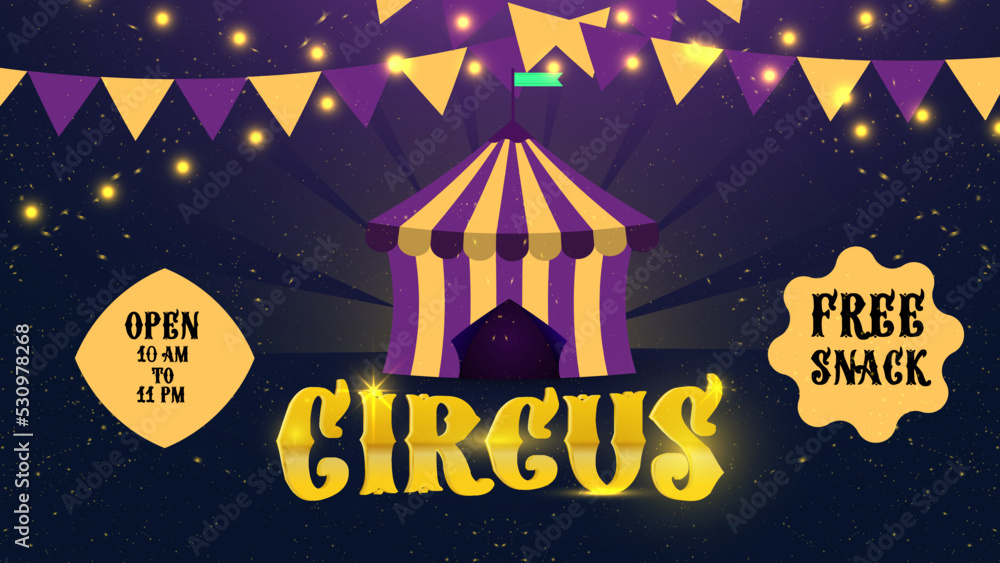 Vetor de Circus banner card and Circus tent with light bulbs, gold star ...