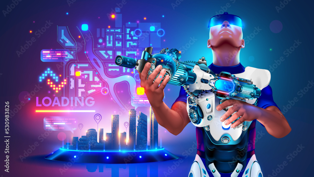 Computer player with a gun in virtual reality. VR online game interface ...