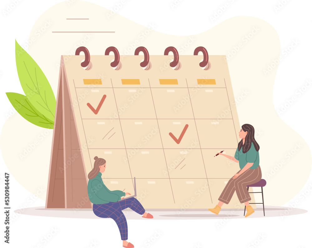 Two business women planning daily, week schedule. Girls sitting near ...