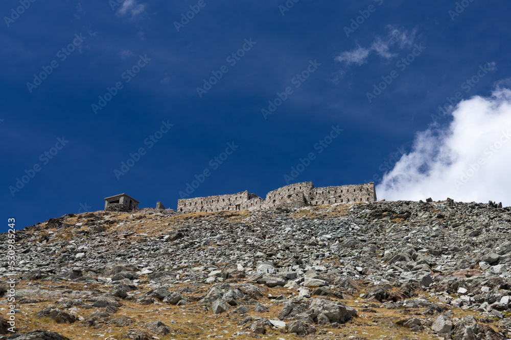 Ruins of Fort Malamot at Lake Montcenis (Moncenisio) on the border ...