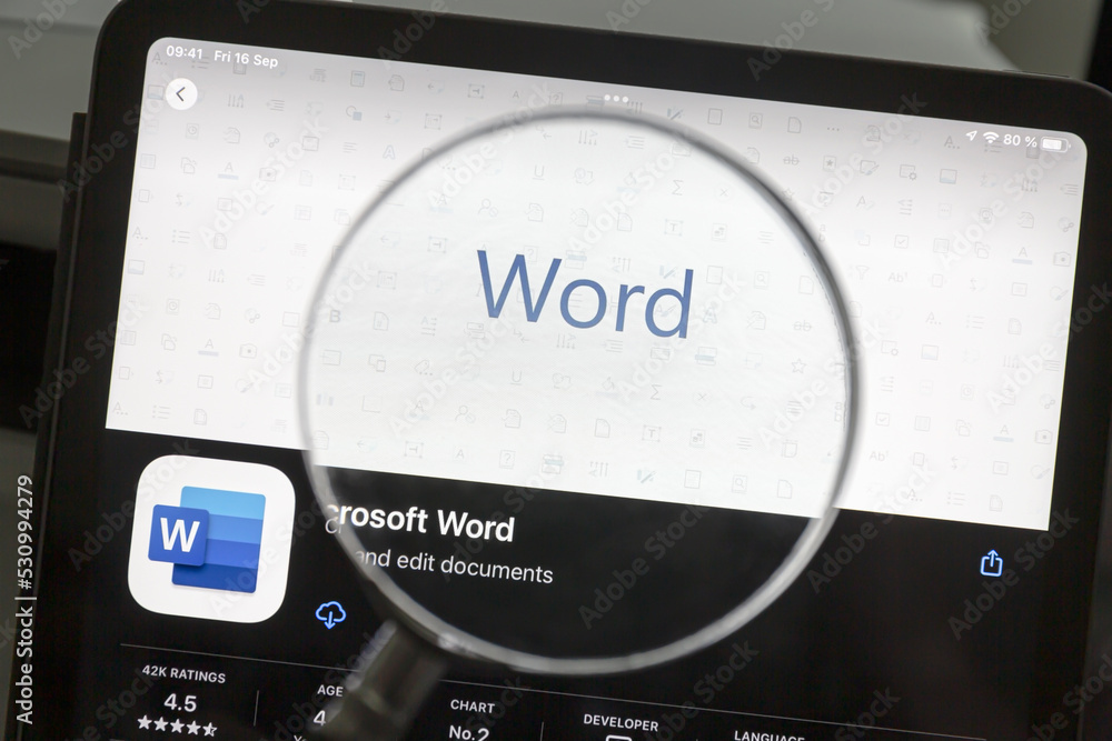 Ostersund, Sweden - Sep 16, 2022: Microsoft Word app under a magnifying ...