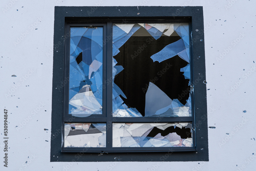 Smashed window broken glass break. Destroyed building broken frame ...