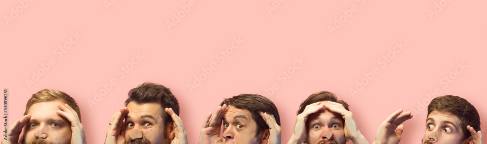 Flyer with shocked faces of young men peeking out isolated over pink ...