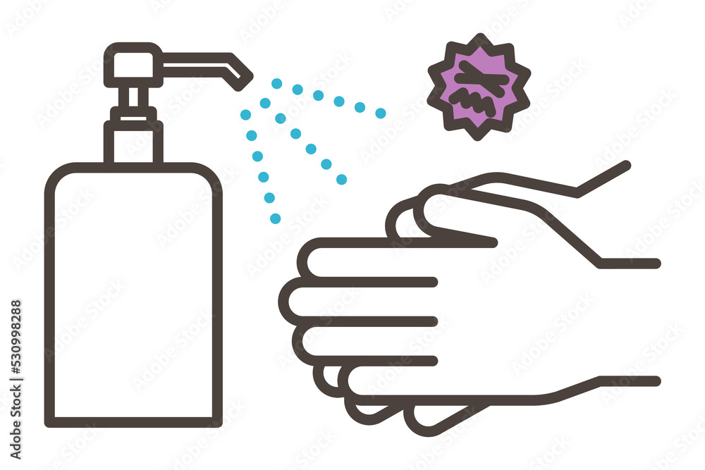 Vector illustration icon of sanitizing alcohol being sprayed on hands ...