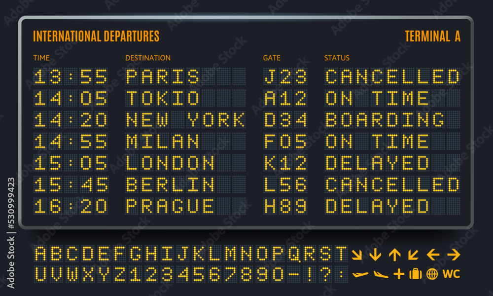 Led airport board. Departure table, information screen and airline terminal digital font vector ...