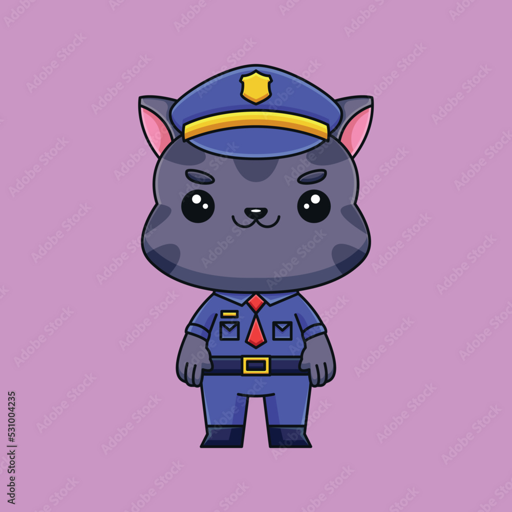 cute police cat cartoon doodle hand drawn concept vector kawaii icon ...