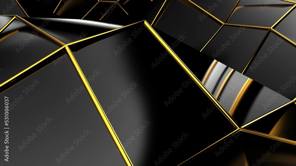 Abstract black geometric bumpy surface with kinks from glossy blocks ...