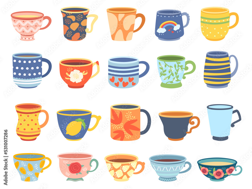 Cartoon cups. Vintage english teacup, coffee cup and kitchen mug. Tea ...