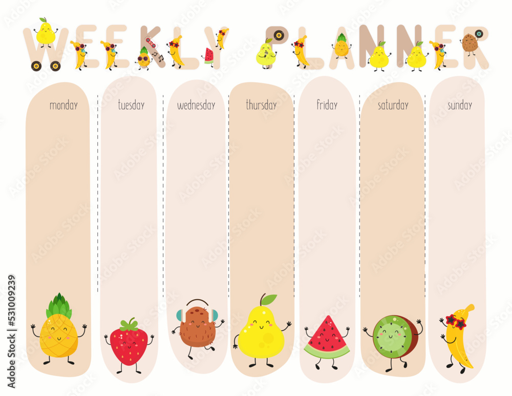 Childish Weekly Planner with Cute Fruits. Fruit Kids schedule design ...