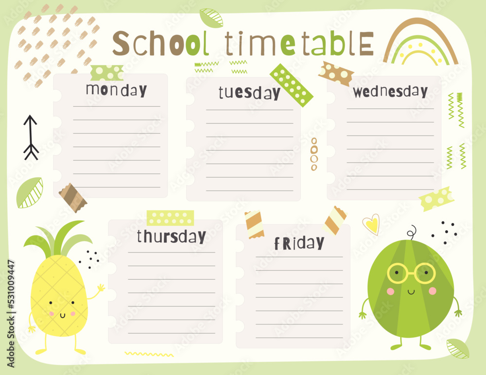 Watermelon and Pineapple on School Timetable, Lesson Schedule template ...