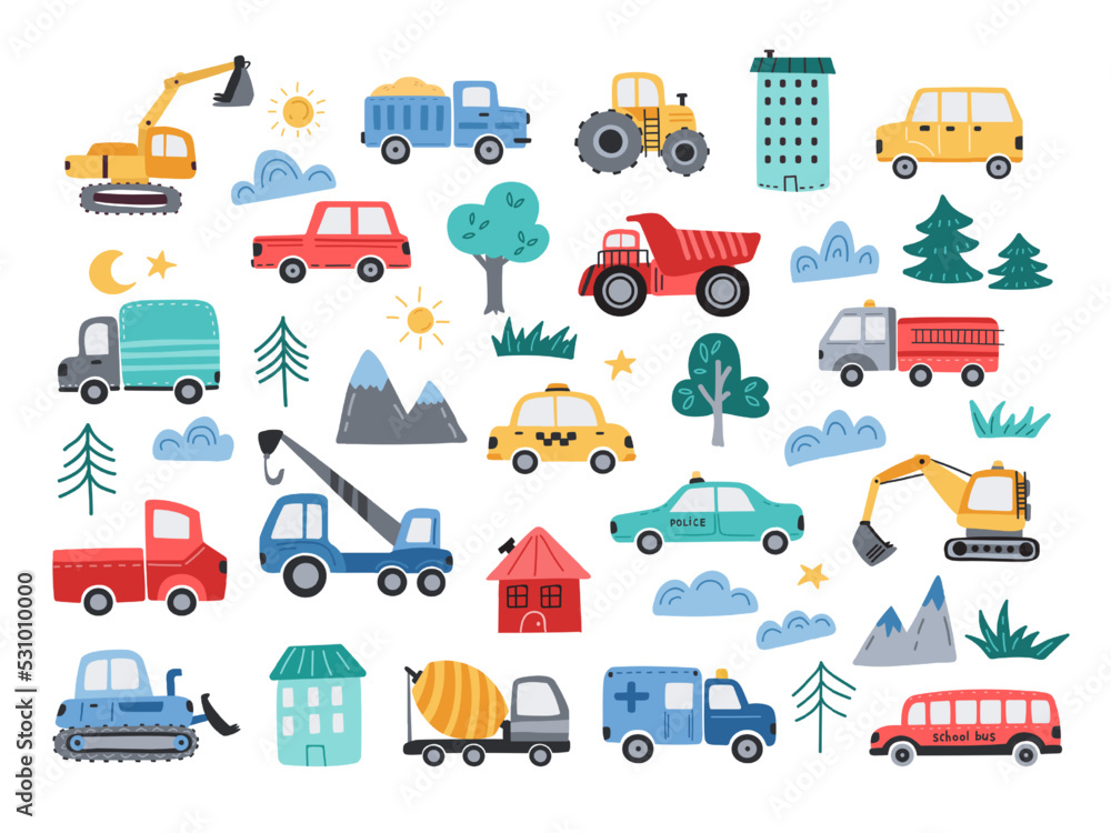 Cute cars. Construction vehicles and city transport. Hand drawn simple ...
