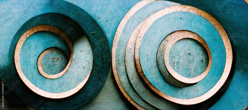 Corrugated steel abstract laser cutout circles, rusty damaged metal ...