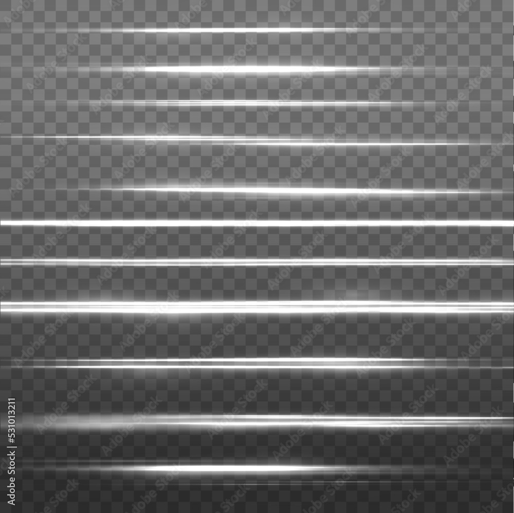 Set of glowing white line. Lights effects. Bright glares on transparent ...