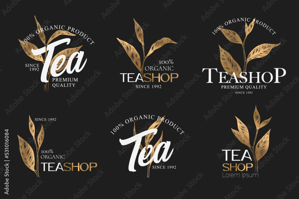 Tea hand drawn logos collection with golden tea branches and leaves ...