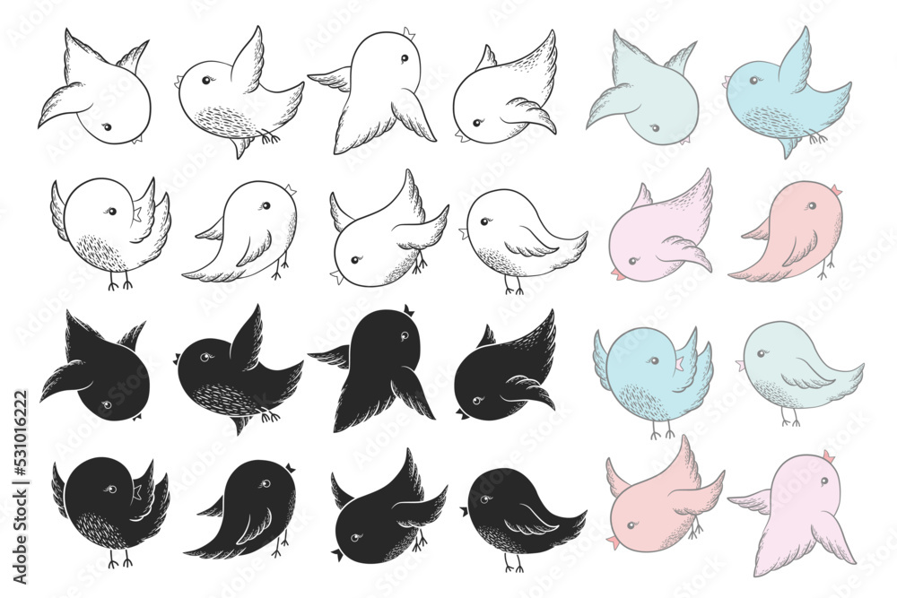 Vector illustration with set of hand drawn cute birds contours ...