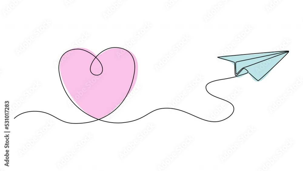 animated single line drawing of paper plane with heart shaped flight ...