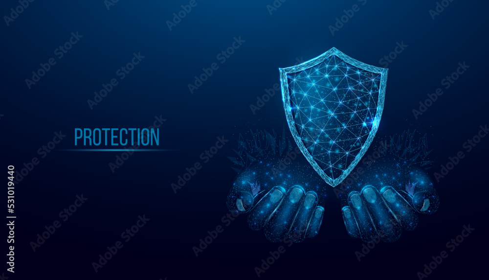 Two human hands hold a shield. Wireframe glowing low poly guard. Design ...